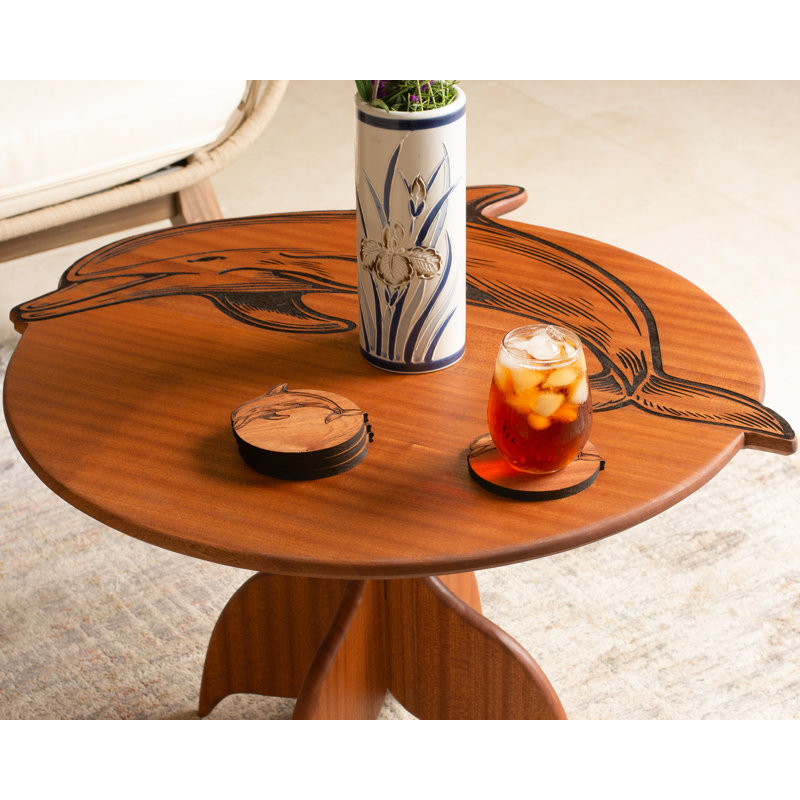 Dolphin Engraved Coffee Table Round Hardwood Table Artisan Handmade End Table Mahogany